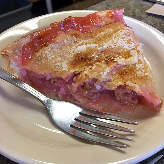This slice of rhubarb pie isn't just dessert—it's edible nostalgia with a perfectly flaky crust. Grandmothers everywhere would approve.