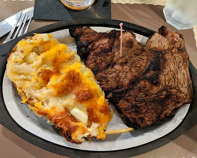 This rib eye with cheesy potato side isn't just dinner—it's the reason elastic waistbands were invented. Worth every stretchy inch.