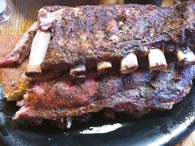 These ribs have that perfect bark-to-meat ratio that BBQ dreams are made of. The bone is basically just a handle for all that smoky goodness.
