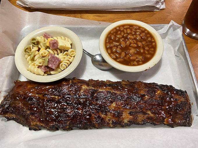 Behold the holy trinity of BBQ perfection: fall-off-the-bone ribs, creamy pasta salad, and baked beans that didn't come from any can. Worth every napkin.