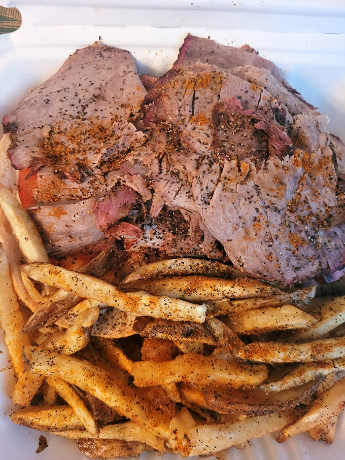 Meat and potatoes, elevated to art form. Those hand-cut fries with seasoning look like they could upstage the star, but that perfectly pink beef won't be denied.