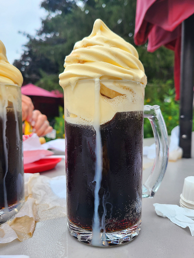 The legendary root beer float&mdash;a tower of vanilla ice cream melting into house-made root beer. This isn't dessert; it's a religious experience in a frosted mug.