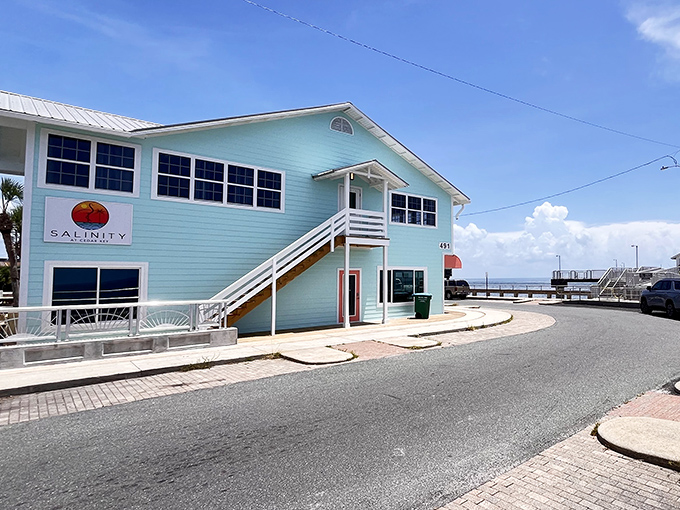 Salinity's seafoam-colored building pops against the Florida sky like a perfect scoop of key lime sorbet by the water.
