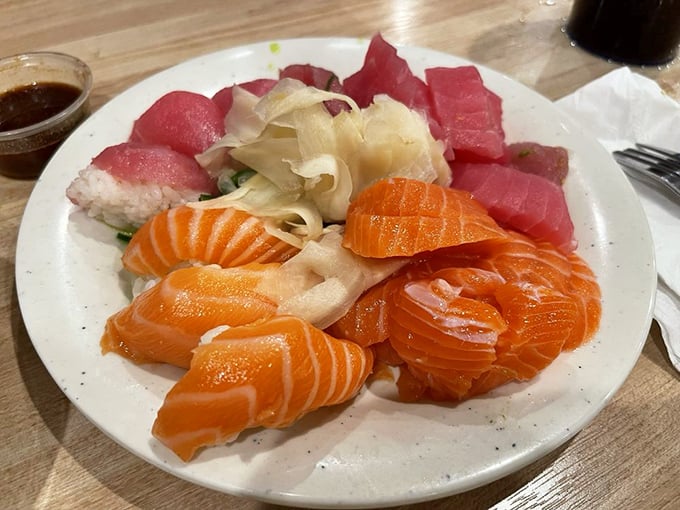 Sashimi arranged like jewels in a treasure chest. The salmon's vibrant orange practically winks at you, saying "Yes, I'm as fresh as I look."