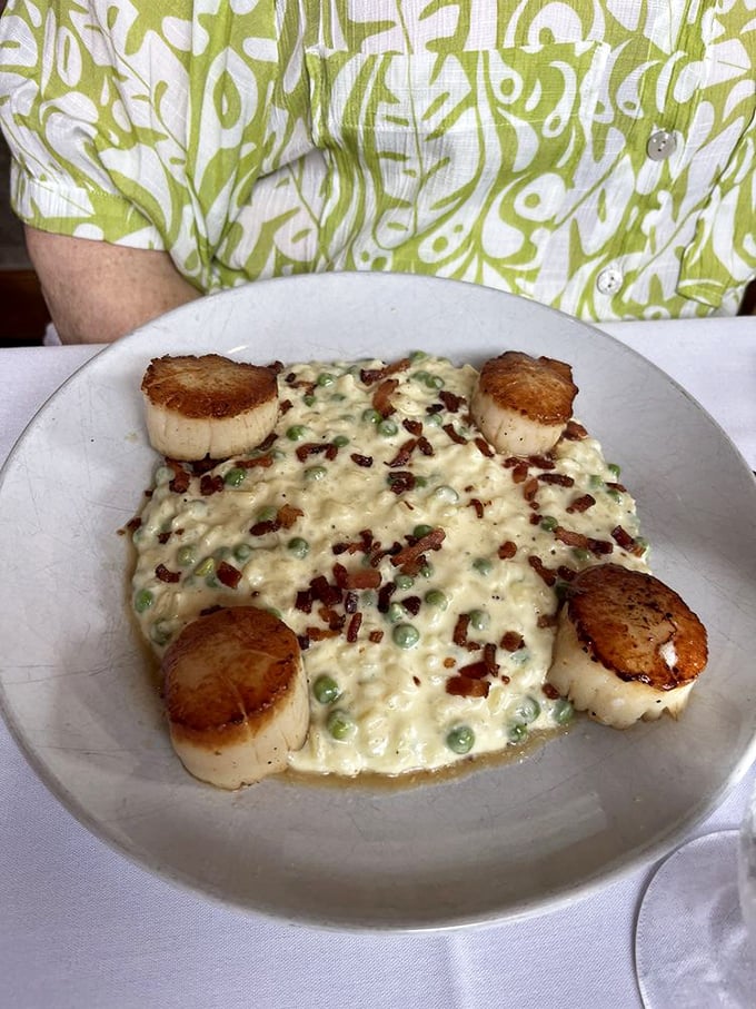 Golden-seared scallops standing guard around a creamy risotto fortress – like delicious sentinels protecting the treasure of flavor within.