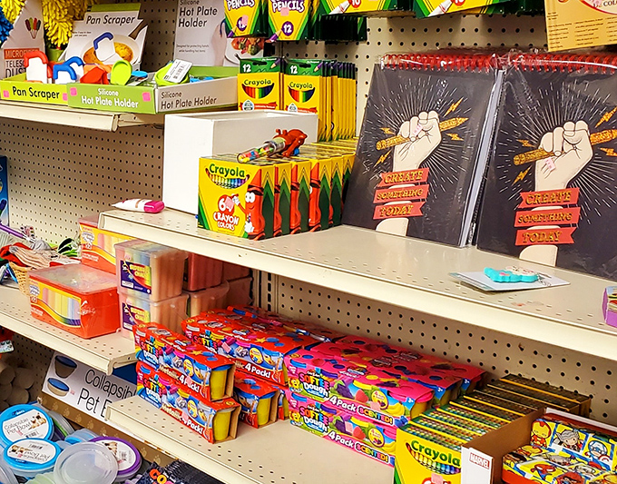 School supply heaven or creative person's dream? Crayola boxes and composition books mingle with art supplies waiting for their second act.