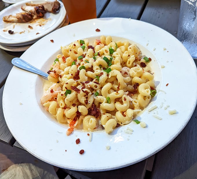 Mac and cheese gets the VIP treatment with tender lobster chunks and crispy bacon. Comfort food that graduated from college and got fancy.