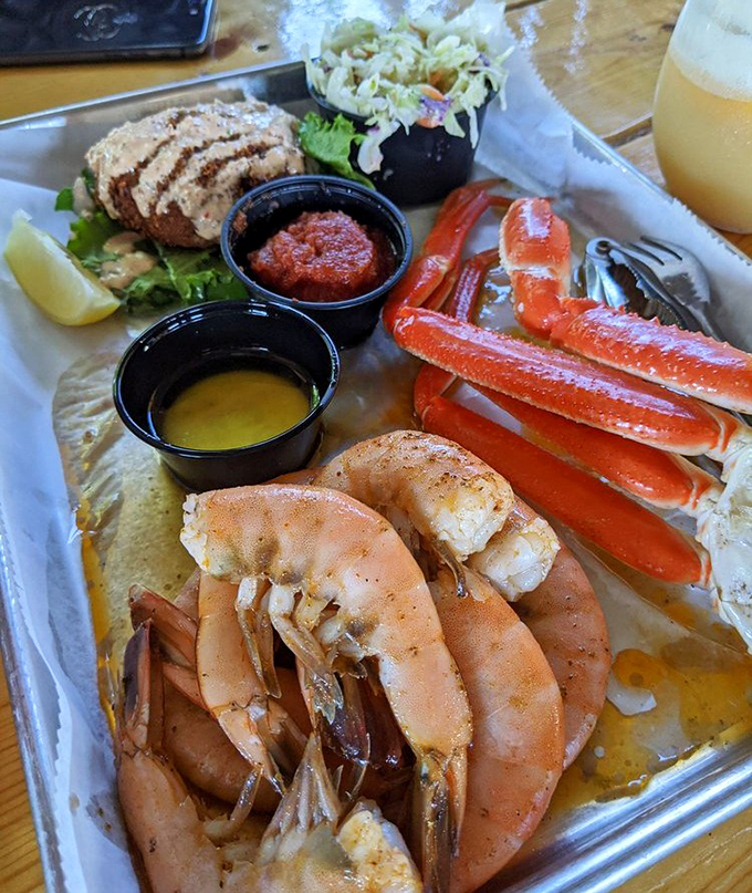 A seafood platter that's basically Florida's greatest hits album. Those crab legs are practically waving hello, begging to be cracked open.