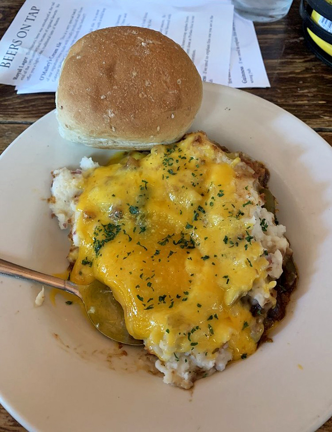 Shepherd's pie that would make an Irish grandmother weep with joy. That golden cheese crust is hiding a savory treasure of meat and vegetables below.