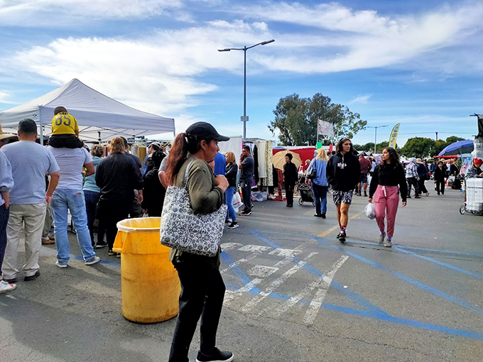 The weekend market ballet: shoppers weaving between stalls under California sunshine, each on their own treasure hunt with reusable bags at the ready.