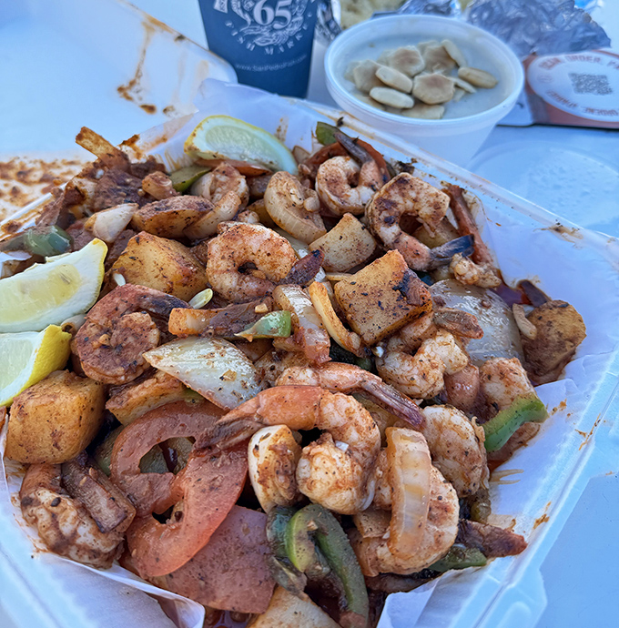 A symphony of shrimp, potatoes, and peppers that would make even the most committed landlubber swear allegiance to the sea.