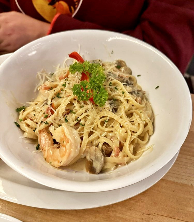 Seafood pasta that makes you wonder why anyone would ever eat plain noodles again &ndash; those plump shrimp are practically waving hello.