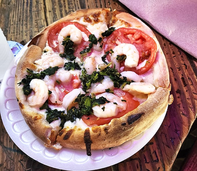 White shrimp pizza reinvented with Keys flair &ndash; plump local shrimp, fresh tomatoes, and herbs on a hand-tossed crust that would make even New Yorkers curious.