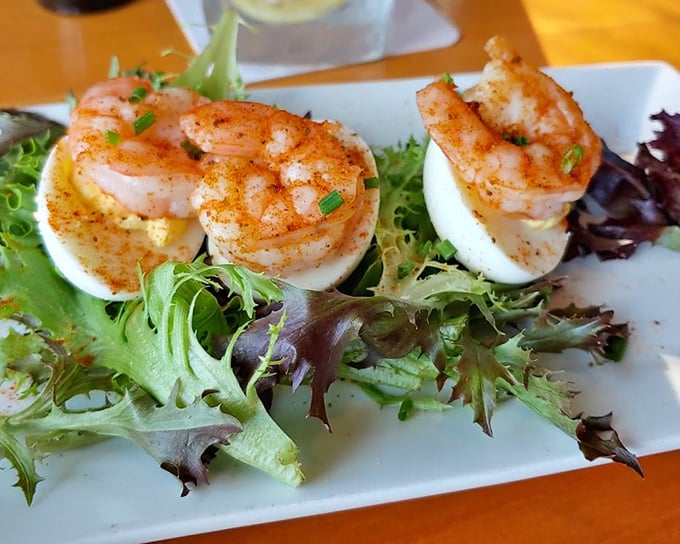 These perfectly seasoned shrimp perched atop deviled eggs are what happens when comfort food gets dressed up for a night out.