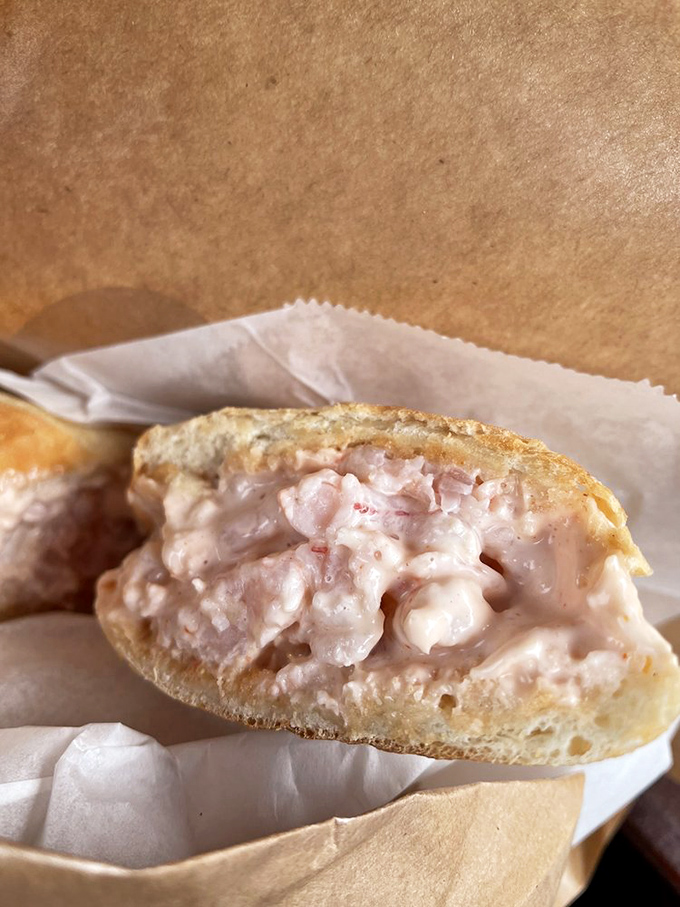 Seafood sandwich nirvana &ndash; where chunks of fresh shrimp meet just enough mayo to bind them together in bread-hugged harmony.