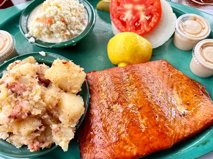 The holy trinity of Florida dining: smoked salmon, German potato salad, and coleslaw. Simple pleasures that make fancy restaurants seem unnecessarily complicated.