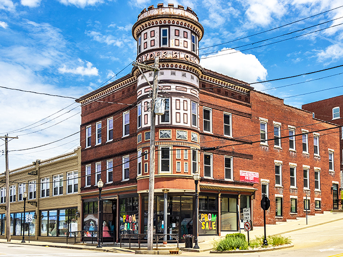 The Snyder Block building, with its distinctive turret, stands as a Victorian-era flex that says, "Yes, we know how to make corners interesting."