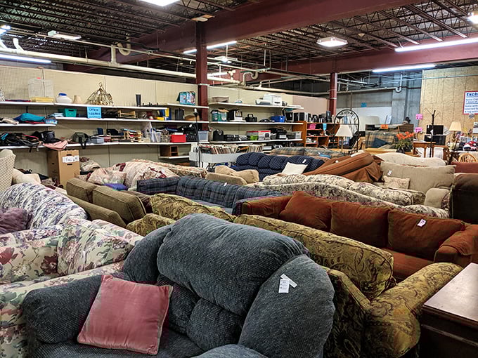 Sofa paradise! Where else can you "test drive" twenty different living rooms in one afternoon? Each with its own personality and story.