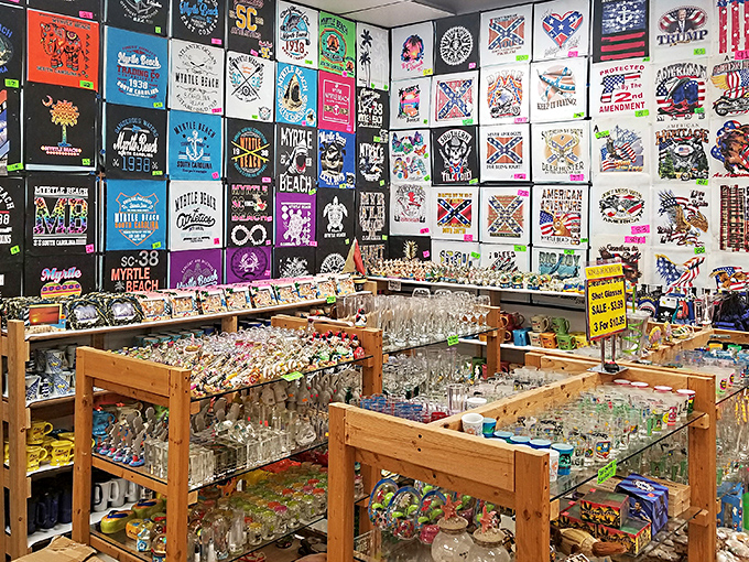 T-shirt heaven meets souvenir central. The wall of Myrtle Beach designs creates a textile timeline of vacation fashion through the decades.