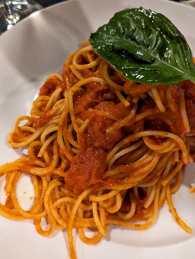 The star of the show: spaghetti marinara with a single basil leaf standing guard like the Italian flag of flavor.