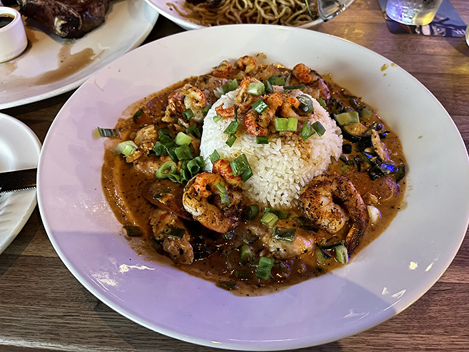 Jambalaya that brings New Orleans to California. Those shrimp look like they're having a better party than most people on Saturday night.