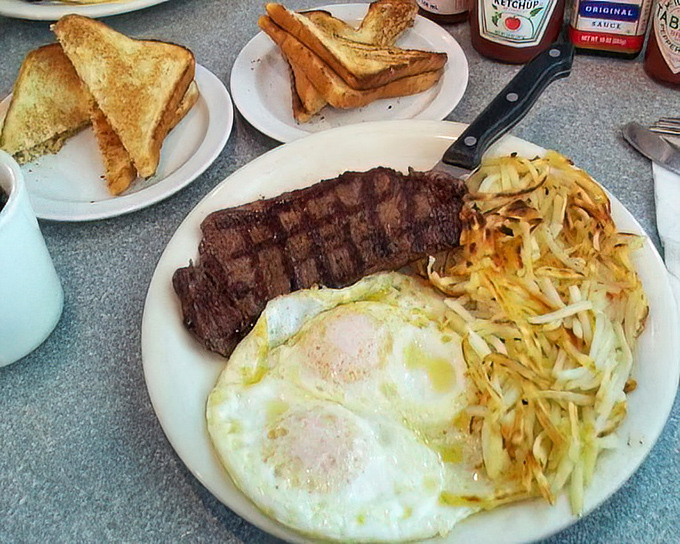 The classic steak and eggs&mdash;where breakfast meets dinner and creates the perfect marriage. Those hash browns deserve their own fan club.