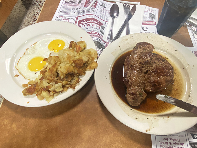 The classic diner pairing: eggs and steak swimming in savory jus. When breakfast and dinner collide on one plate, everybody wins.