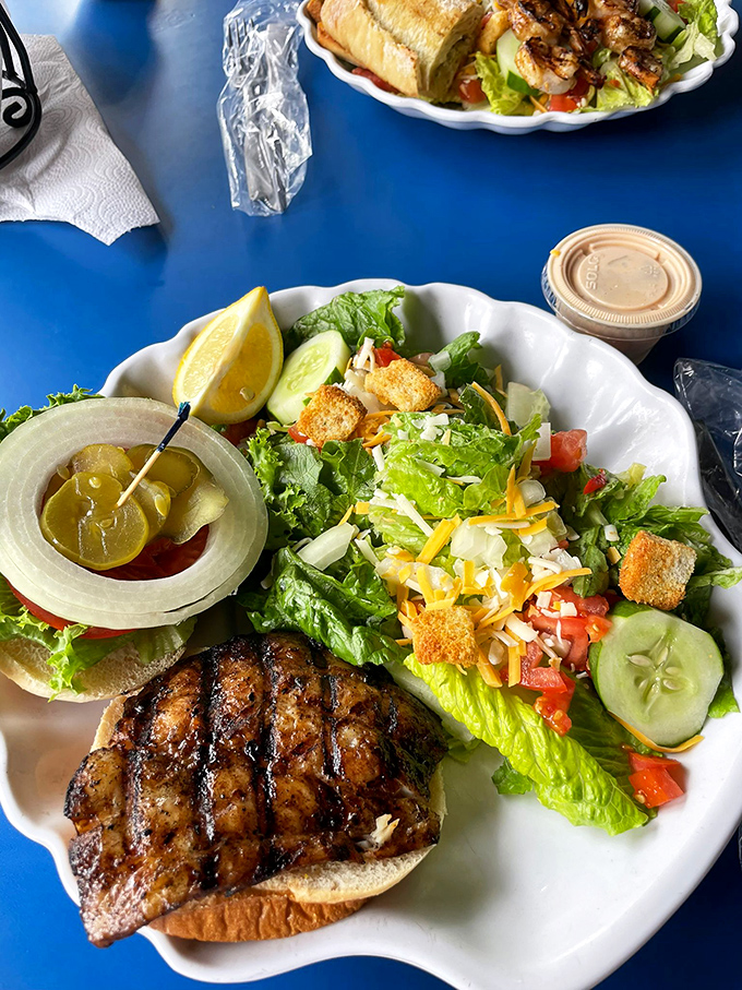 A perfectly grilled fish sandwich that makes you wonder why you ever eat anything else. That char speaks volumes.