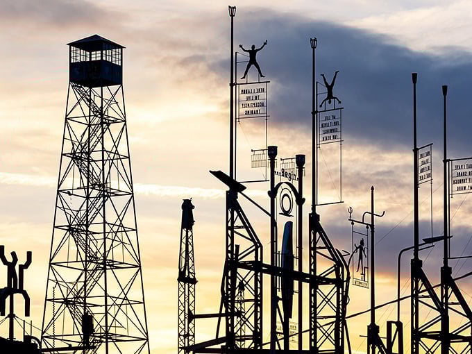 At sunset, The Mindfield transforms into a silhouette spectacular, nature's light show collaborating with human creativity.