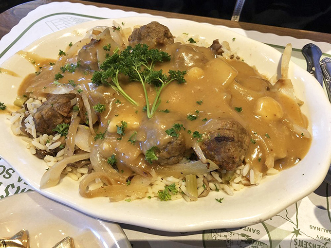Swedish meatballs swimming in savory gravy atop a bed of rice&mdash;proof that Scandinavian comfort food works perfectly in California's Central Valley.