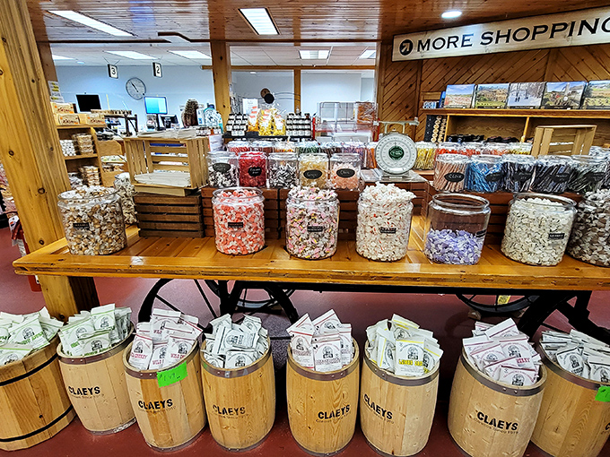 Colorful taffy and popcorn varieties create a nostalgic candy shop within the cheese emporium. Your inner child is already reaching for the jar.