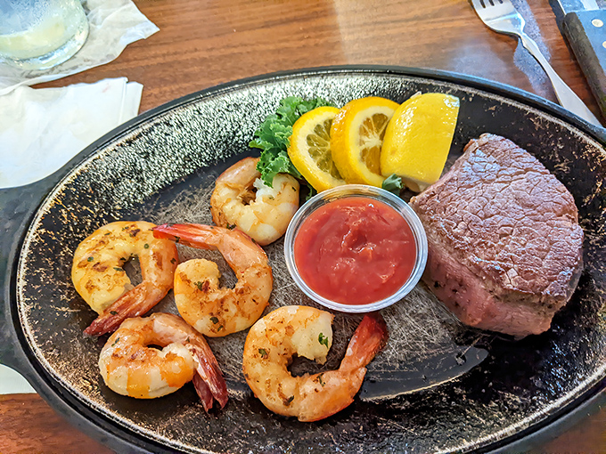 Surf meets turf in perfect harmony. The tenderloin maintains its dignity while the shrimp provide a briny counterpoint&mdash;like a delicious yin and yang.
