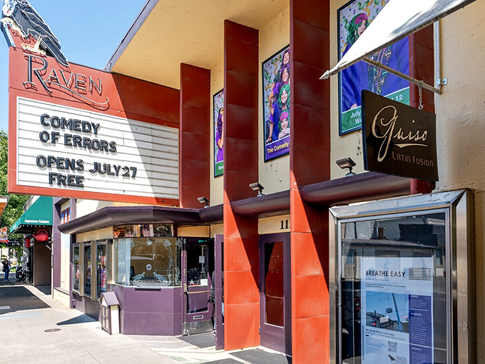 The Raven Theater marquee promises entertainment beyond the bottle, proving Healdsburg knows there's more to life than wine. But not much more.