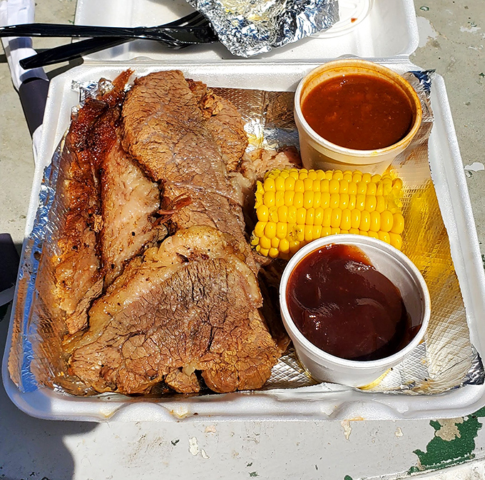 Tri-tip that would make a vegetarian weep with temptation. Served with corn and sauce that demands to be savored, not rushed.