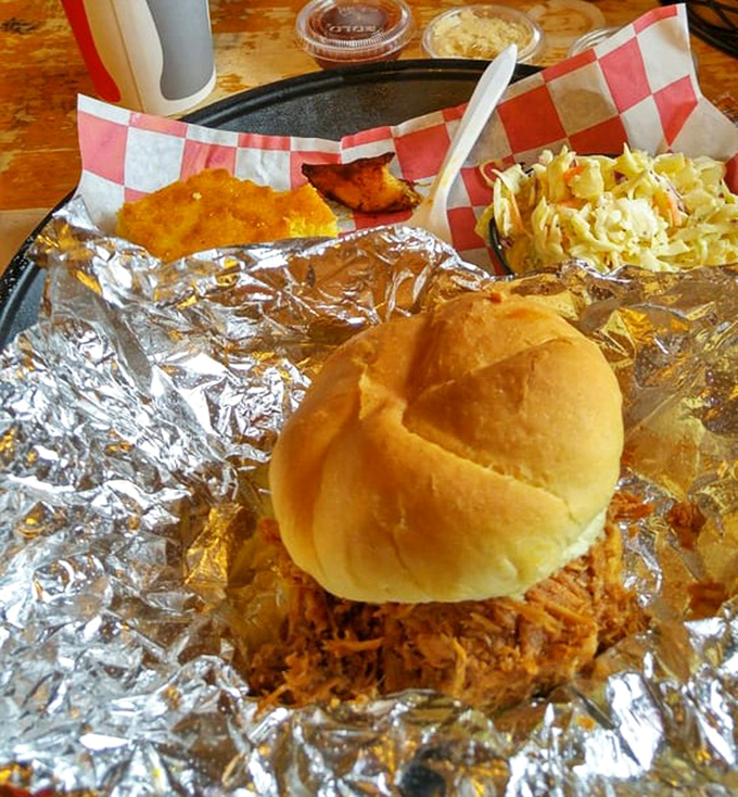 The perfect trifecta: pulled turkey sandwich, creamy coleslaw, and mac and cheese&mdash;proof that happiness can indeed be served on a tray.