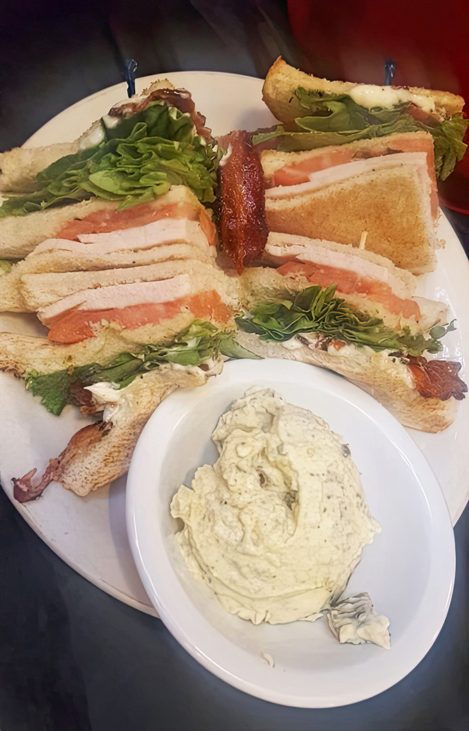 The club sandwich: mankind's greatest achievement in vertical food engineering. Crisp bacon, fresh vegetables, and tender turkey stacked between toast triangles—with potato salad standing guard.