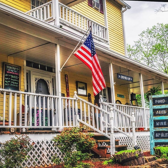 The Twelve Mile Emporium stands proudly with its American flag, like a Norman Rockwell painting that serves cold beer. Small-town hospitality with a side of history.