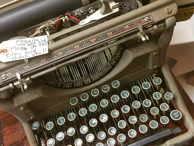 "Fragile! Please pay for it!" warns the note on this typewriter&mdash;a relic from when writer's block came with actual keys to press.