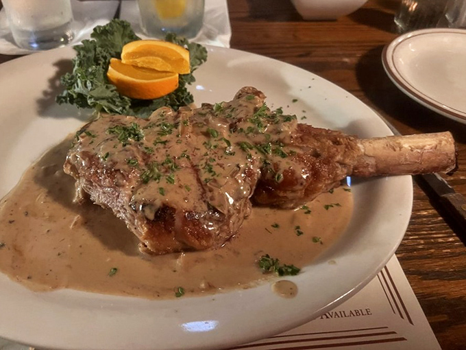 This veal chop isn't just dinner&mdash;it's a statement piece. Swimming in sauce that you'll be tempted to drink directly from the plate when nobody's looking. 
