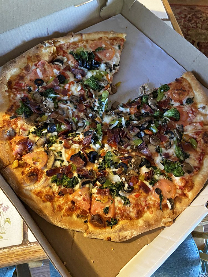 Veggie and bacon pizza that somehow bridges the divide between health food and indulgence. It's democracy in edible form.