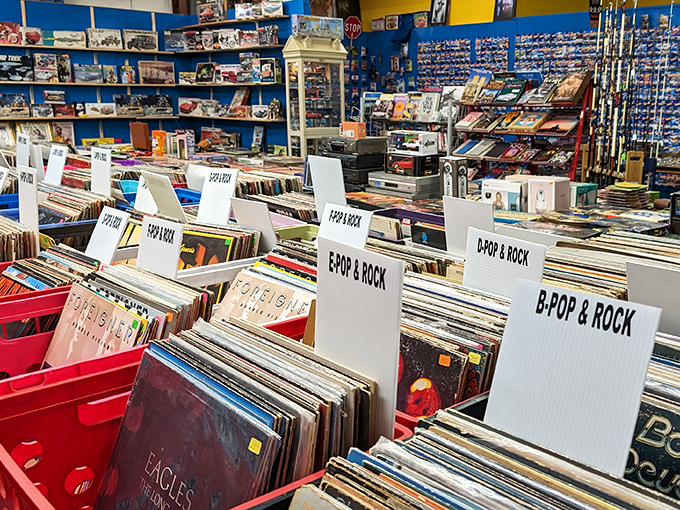 Vinyl paradise organized by genre, where music lovers can physically flip through history instead of just swiping on a screen. B-Bop & Rock indeed!