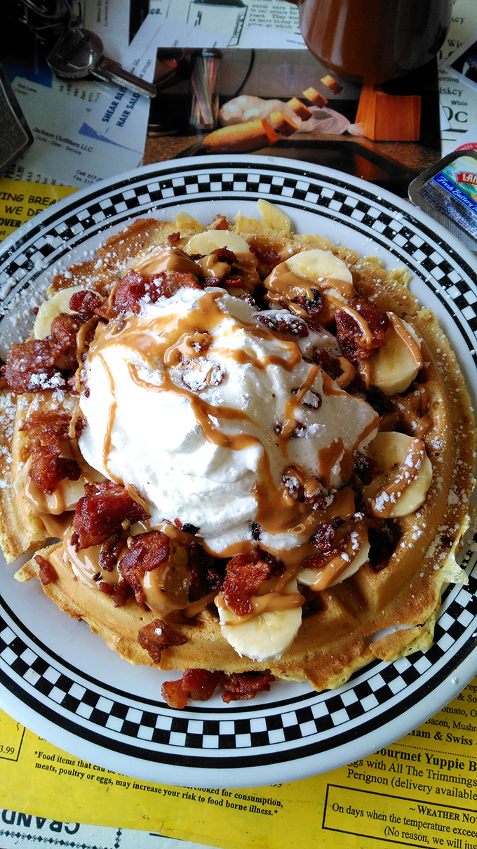 Golden waffles that look like they stepped straight out of a Norman Rockwell painting, crispy perfection awaits.