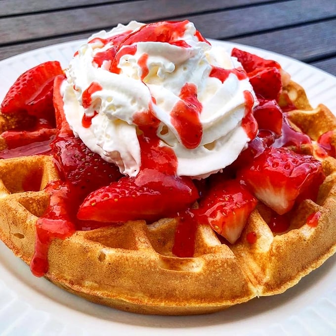 A Belgian waffle that's dressed for success. Those strawberries aren't just a topping&mdash;they're jewelry for this breakfast masterpiece.