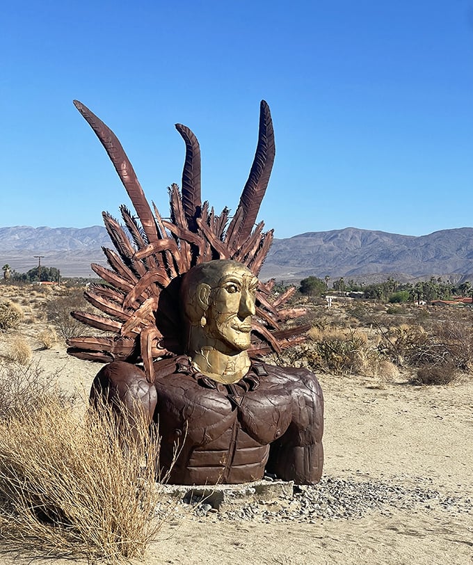 Look closely at this hollow dinosaur and you'll see both artistic genius and a perfect frame for those Instagram-worthy mountain backdrops.