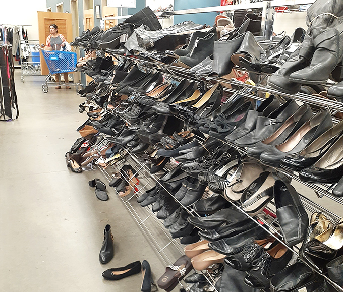 The shoe section: where Cinderella could find her glass slipper, if glass slippers came in sensible black leather.
