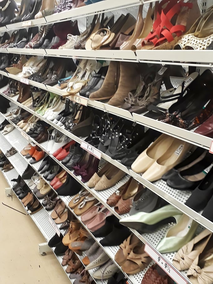 Shoe heaven or footwear museum? Either way, these shelves tell stories of dance floors, job interviews, and weddings from years past.