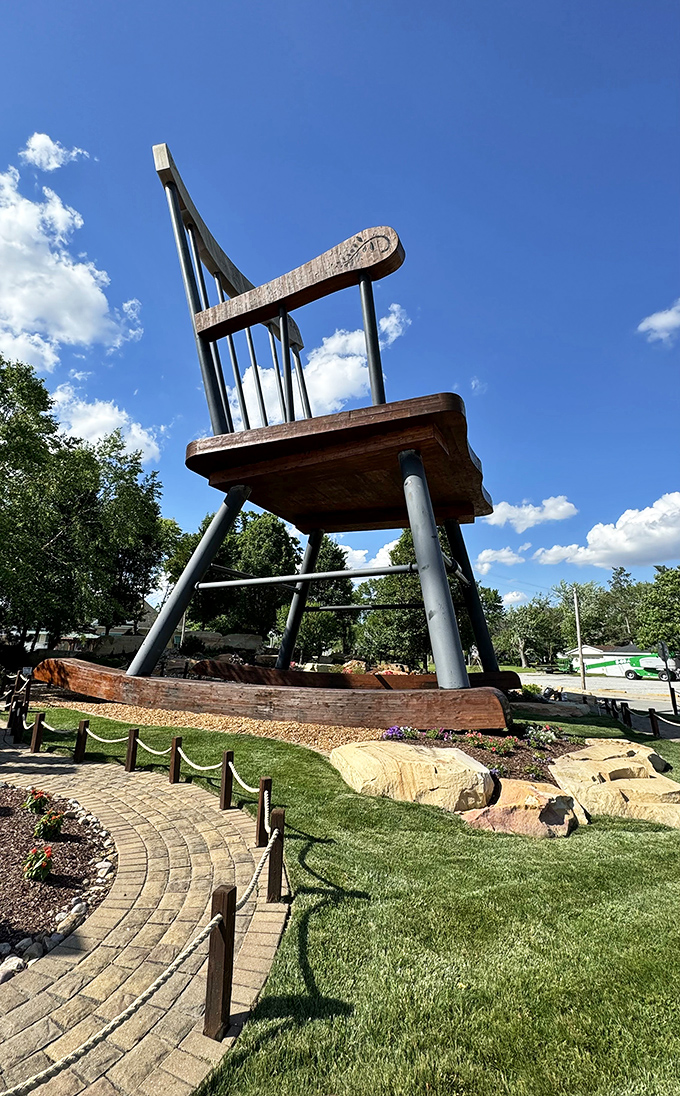 The chair's massive wooden slats and steel reinforcements aren't just for show&mdash;this is serious engineering with a wink.