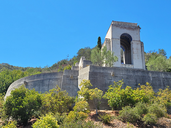 The Wrigley Memorial rises from the island's interior like a forgotten movie set, a testament to the chewing gum magnate who transformed Catalina.