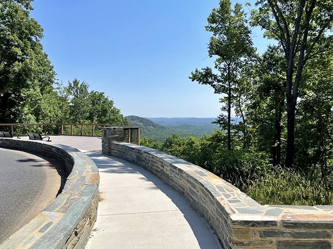 Million-dollar views without the price tag. The stone observation area provides the perfect vantage point for soaking in the rolling Uwharrie landscape.