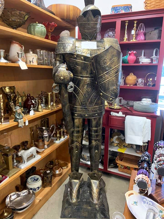 A full suit of armor stands guard over treasures, making you wonder about medieval dinner parties and chivalrous adventures.